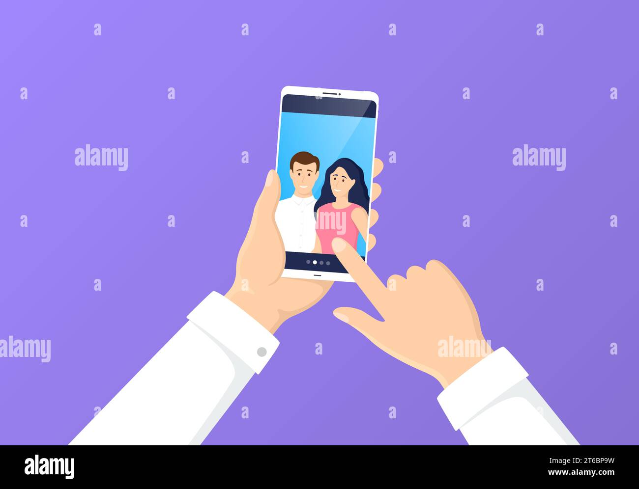 Hand holding mobile phone with happy couple on screen. People posing ...