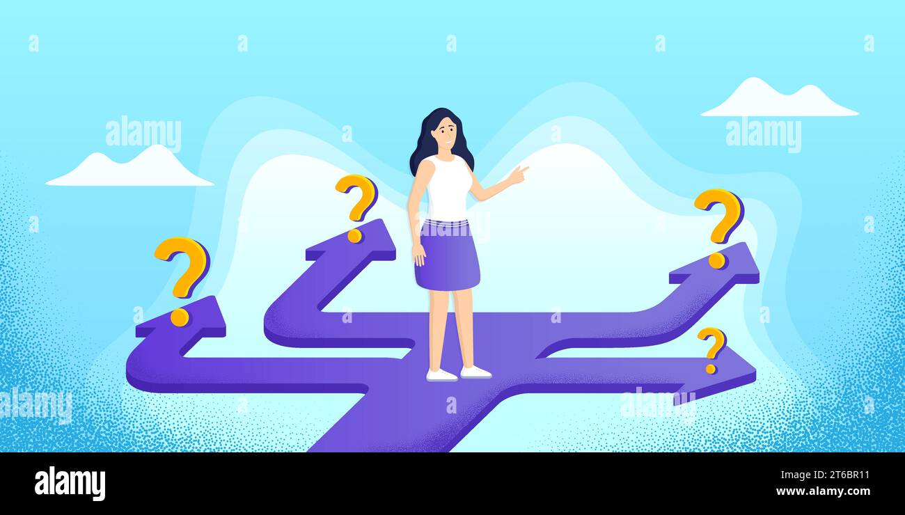 Future path choice. Confused woman with question marks. Right way ...