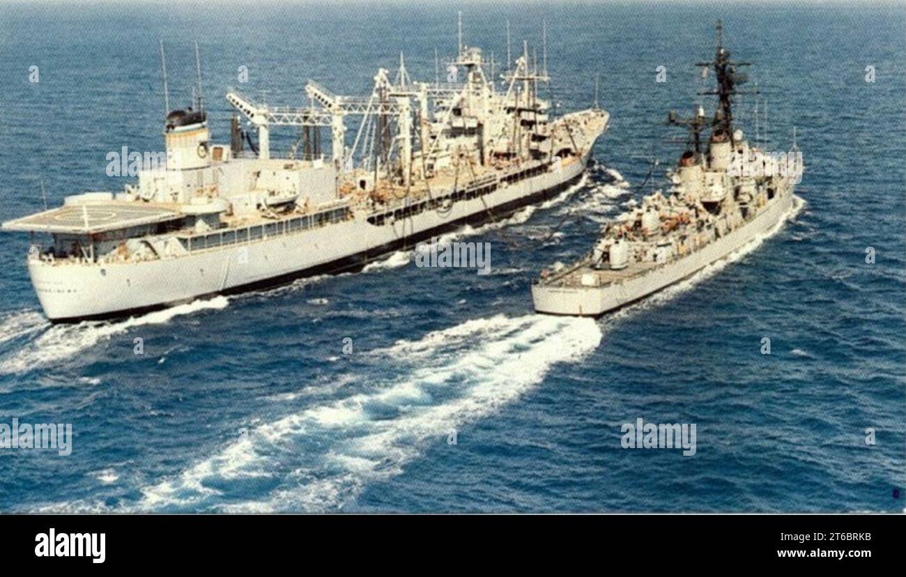 USNS Mississinewa (T-AO-144) refueling USS Forrest Sherman (DD-931), circa in 1980 Stock Photo ...