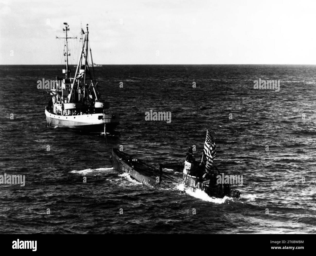 USS Abnaki (ATF-96) tows the captured German submarine U-505 in the ...