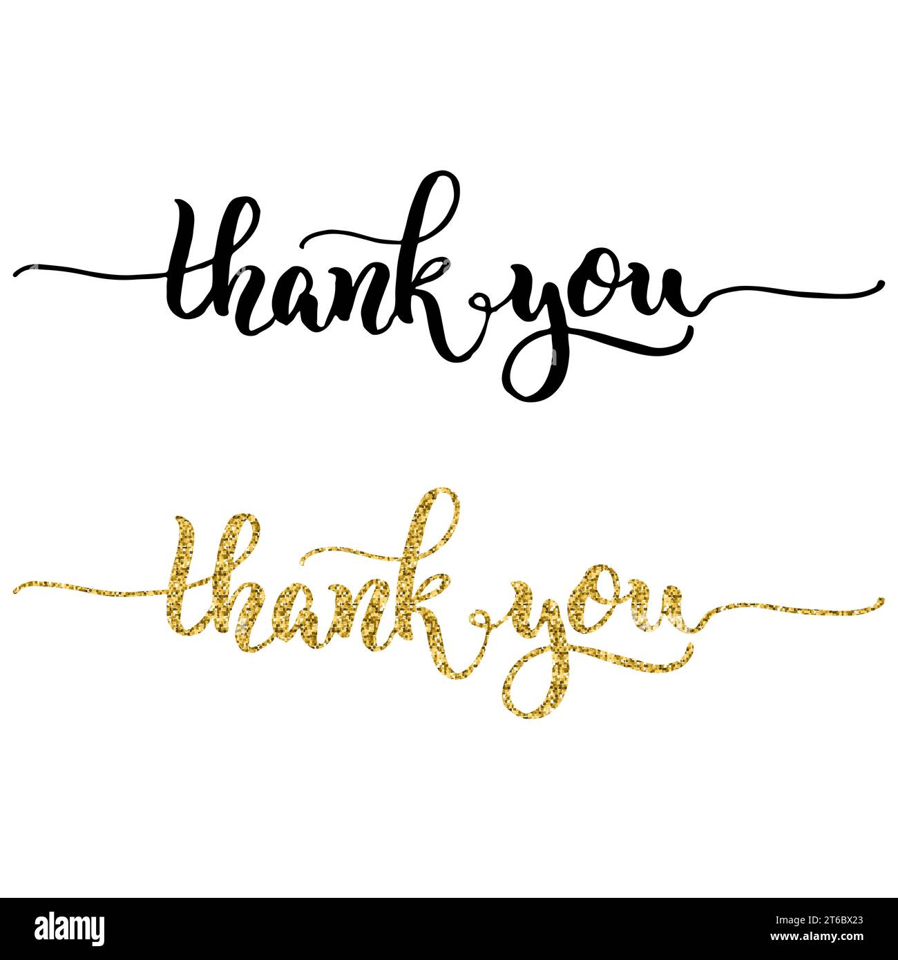 Hand lettering thank you, black ink and gold glitter effect, isolated on white background ...