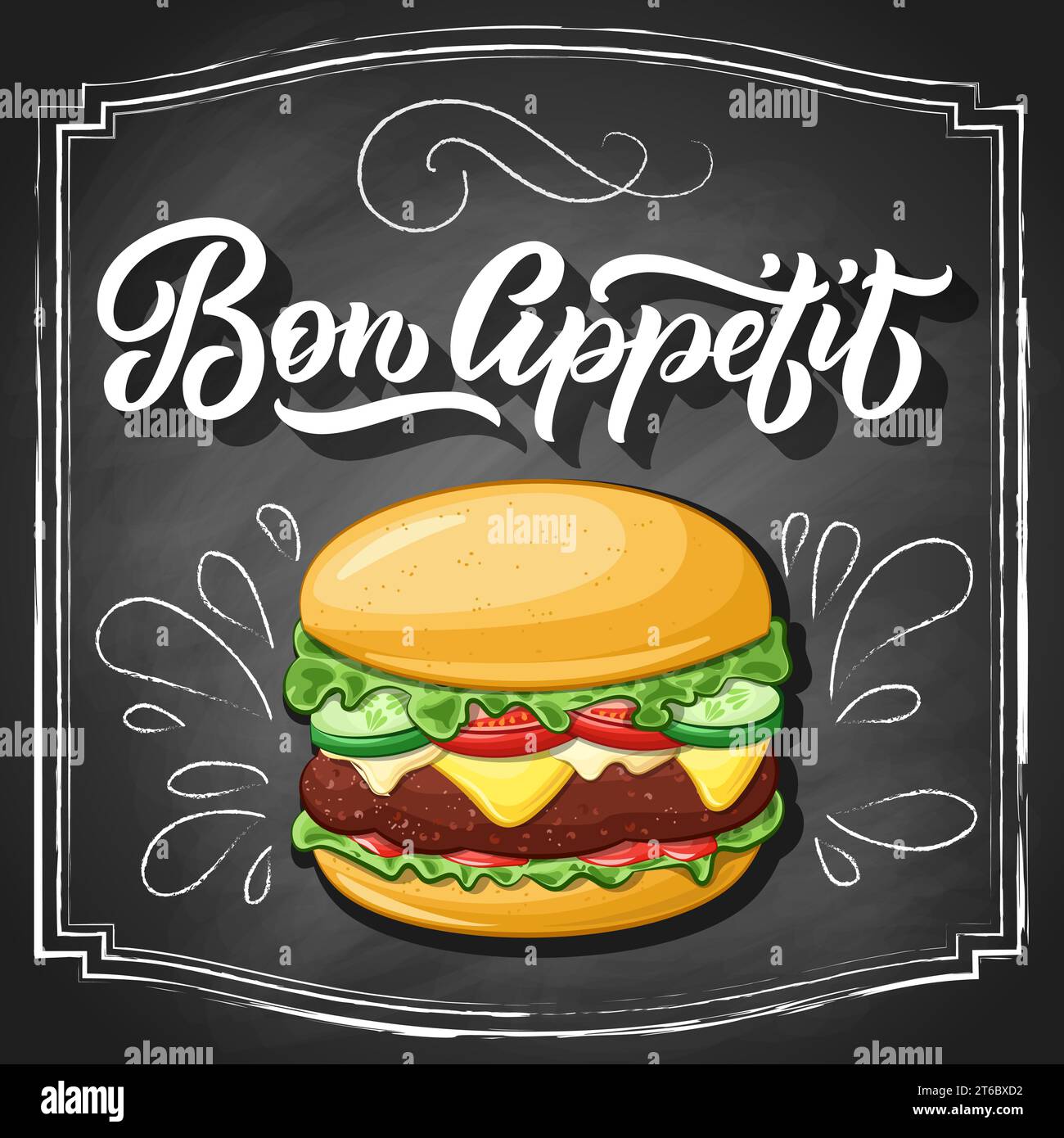 Burger hand lettering with hamburger colorful cartoon sketch, vintage ...