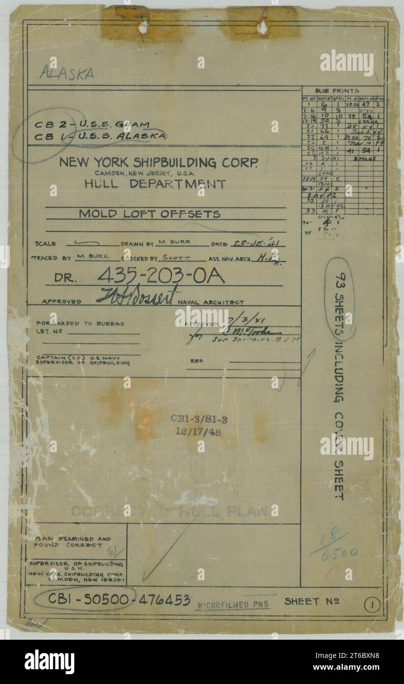 USS Alaska (CB-1)- Mold Loft Offsets Booklet Cover Stock Photo - Alamy