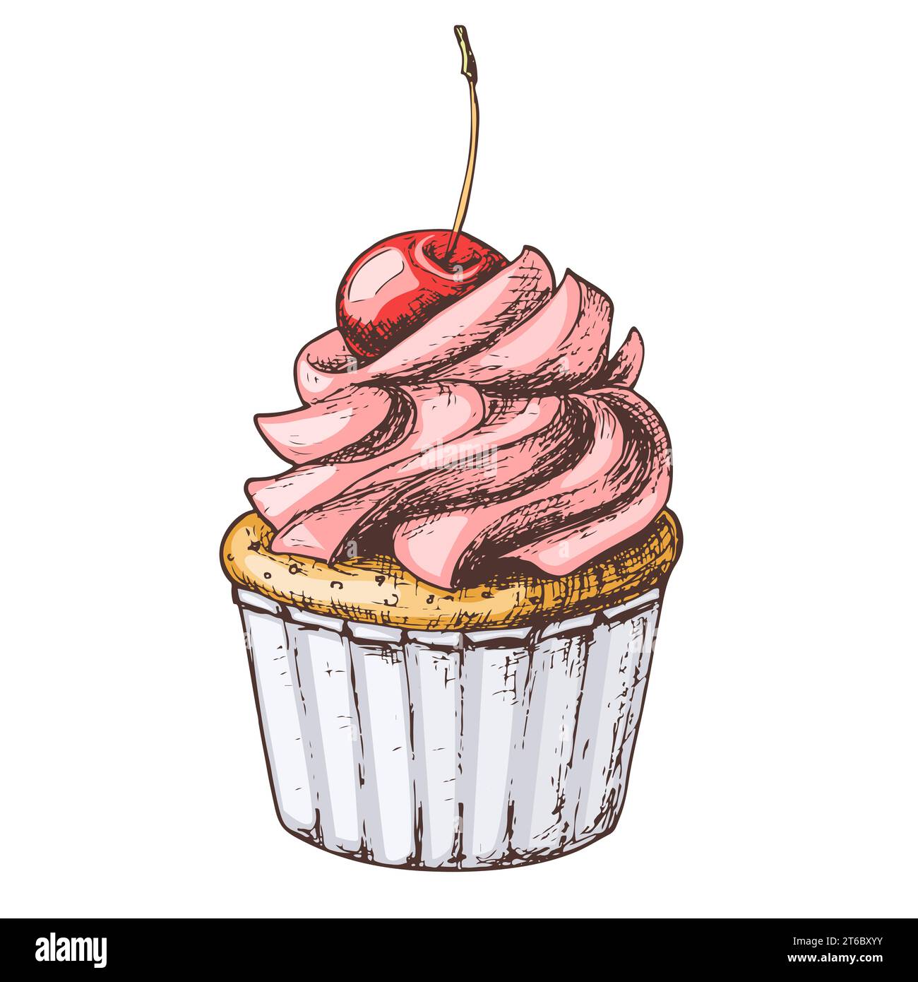 Hand drawn vanilla cupcake with cherry on top, vintage colorful food sketches, isolated on white ...