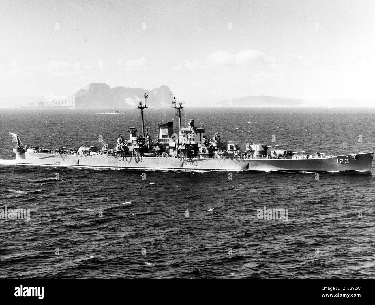 USS Albany (CA-123) passing Gibraltar in September 1951 Stock Photo - Alamy