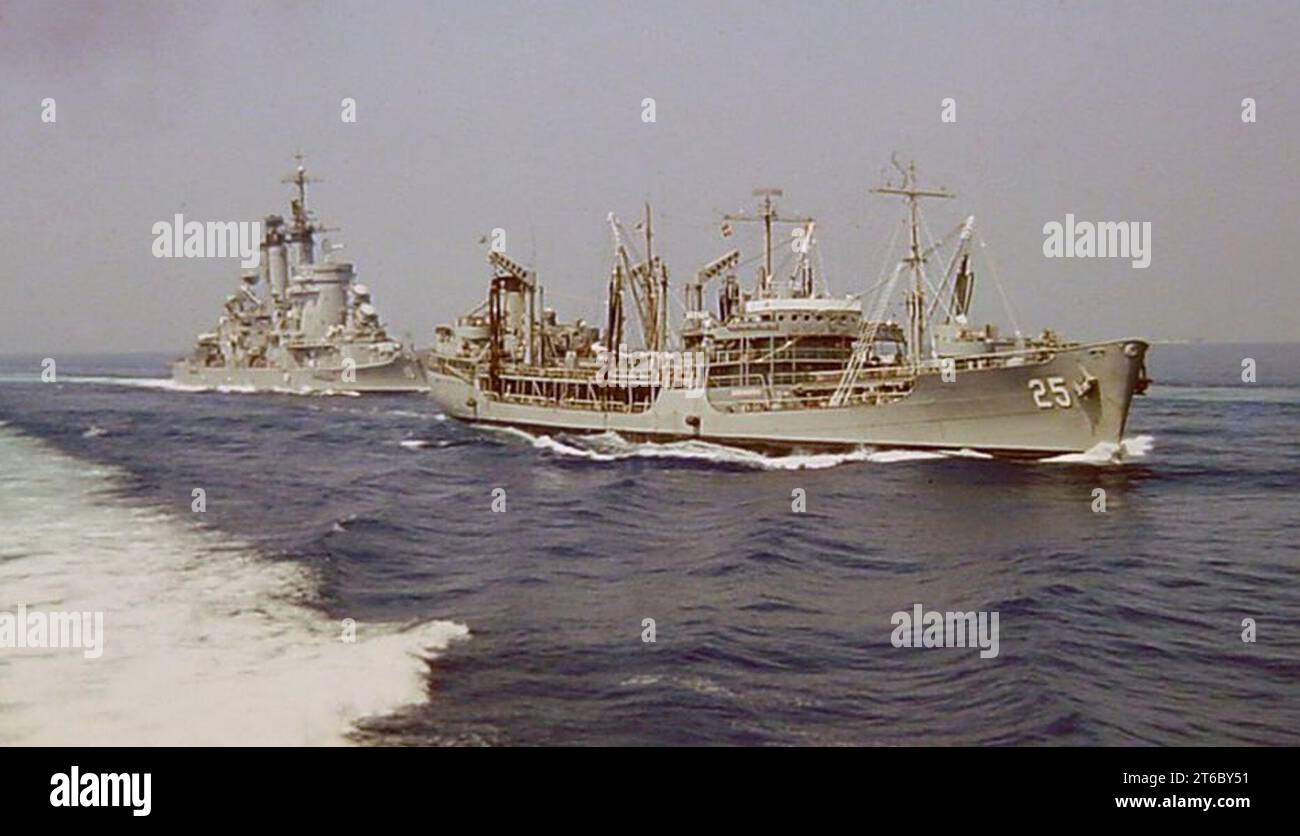 USS Albany (CG-10) approaching USS Sabine (AO-25) in the Caribbean Sea ...