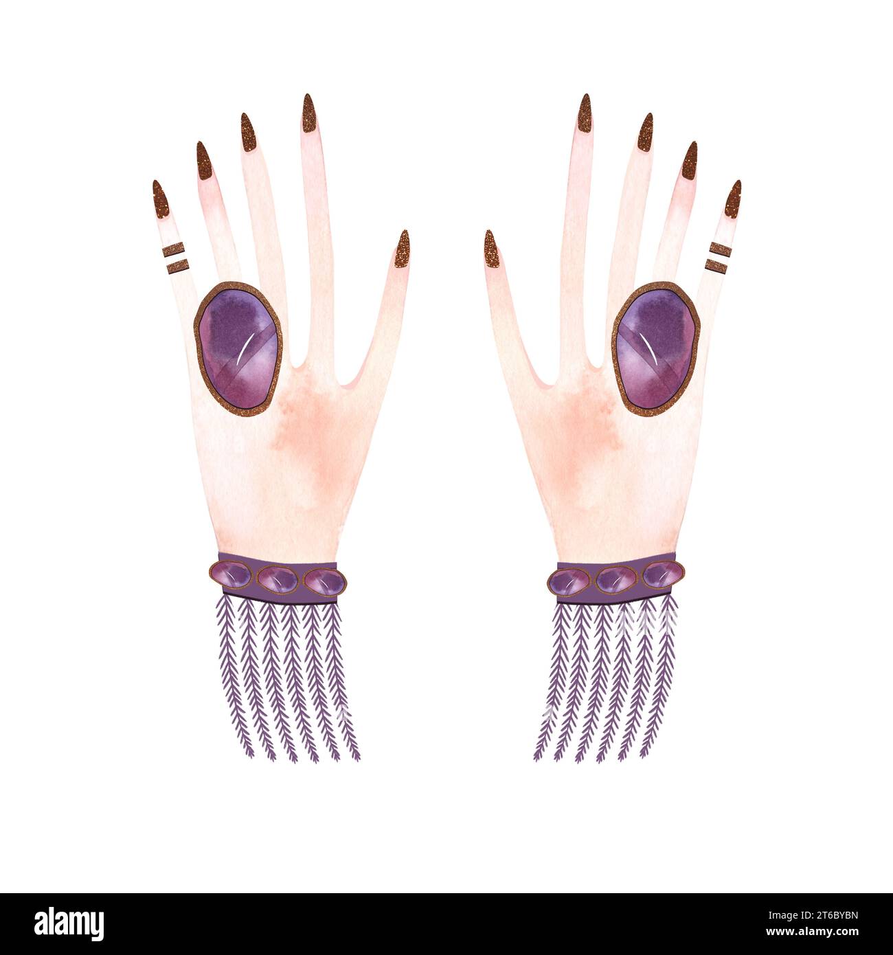 Female feminine hands with gold manicure, ring and bracelet with violet ...