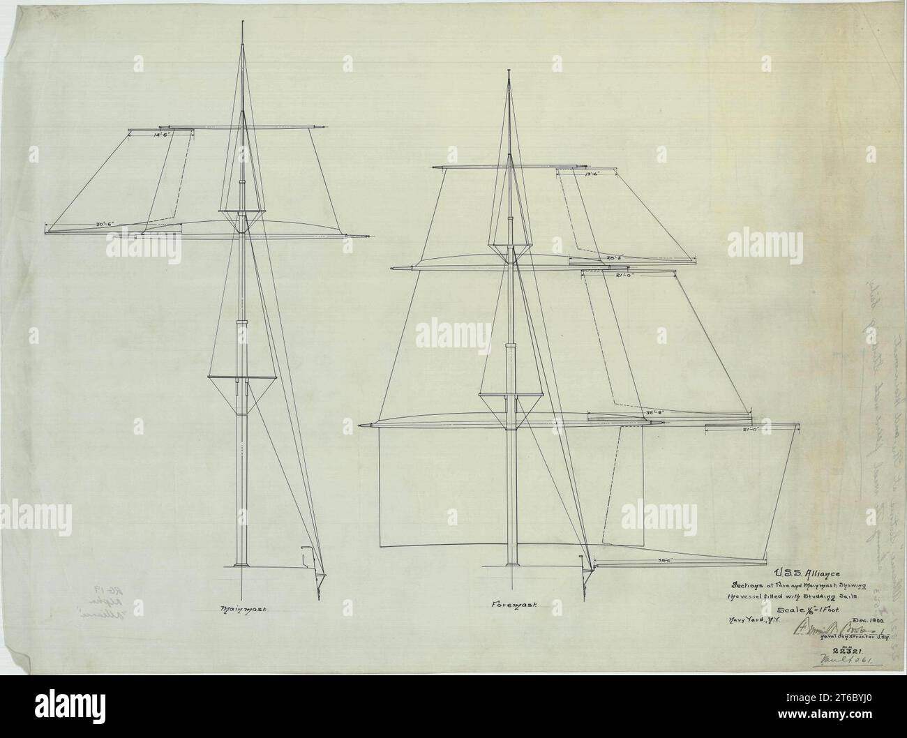 USS Alliance- Sections at Fore and Mainmast; Showing the vessel fitted ...