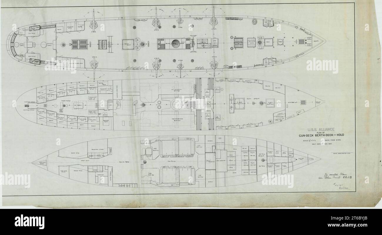 USS Alliance- Plan of Gun-Deck, Berth-Deck and Hold Stock Photo - Alamy