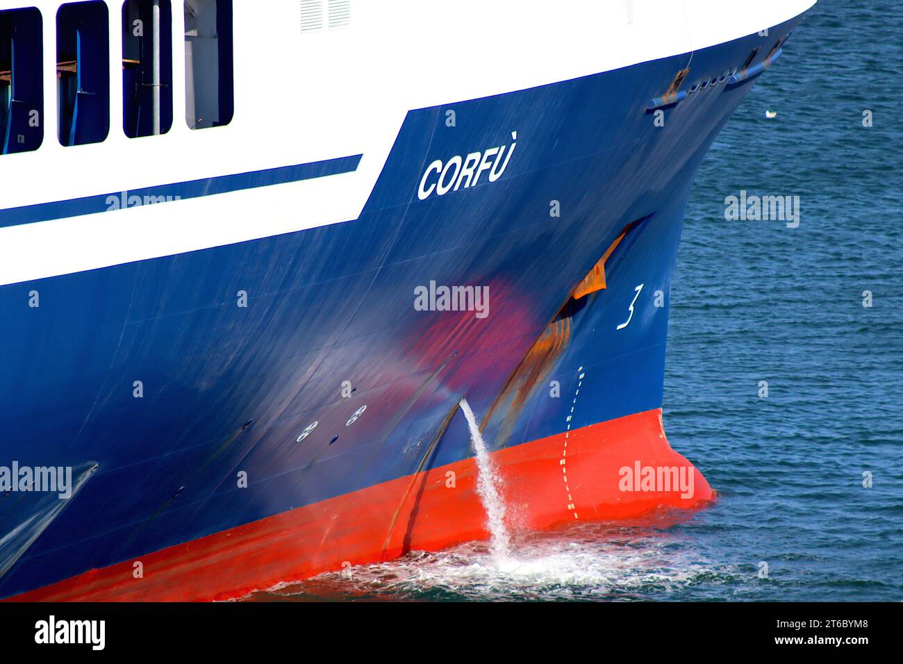 The colourful bow of the Italian RoRo vehicle ferry Curfù, the dark ...