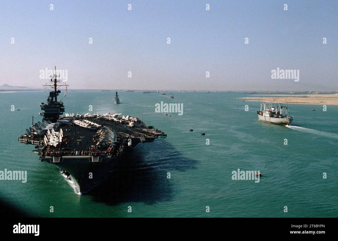 USS America (CV-66) in the Suez Canal aerial bow view US Navy 330-CFD ...