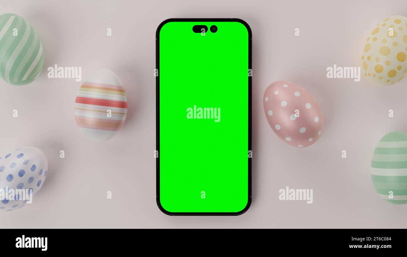 3D Rendering of modern smartphone with green screen and easter eggs ...