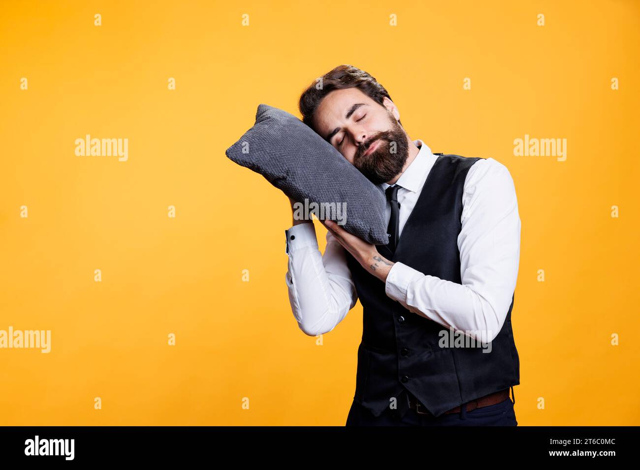 Sleepy butler sleeping on pillow, taking a nap while he in standing in ...