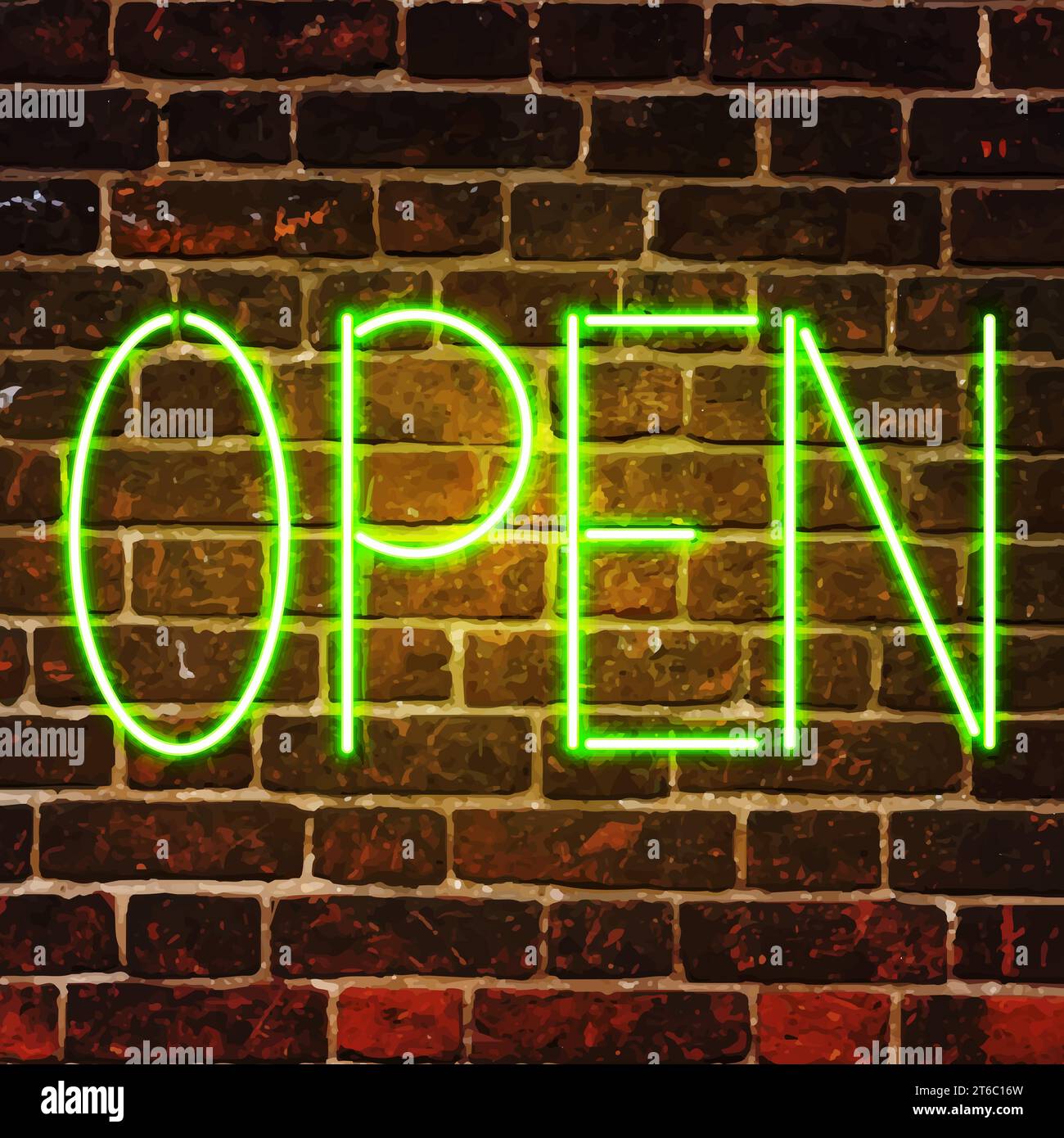 Retro green neon inscription with open text, on grunge realistic red ...