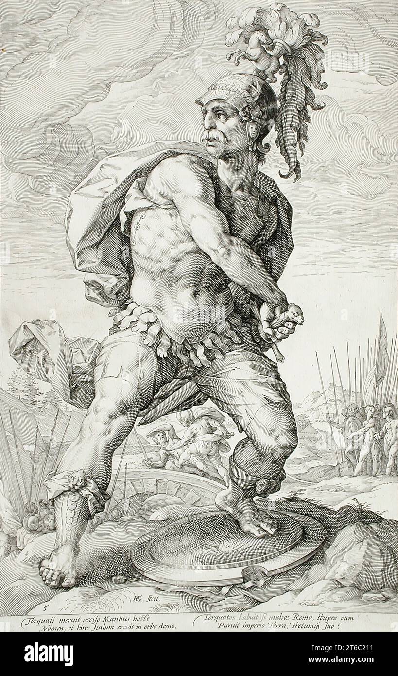 Titus Manlius Torquatos, 1586. From The Roman Heroes, pl. 6 Stock Photo ...