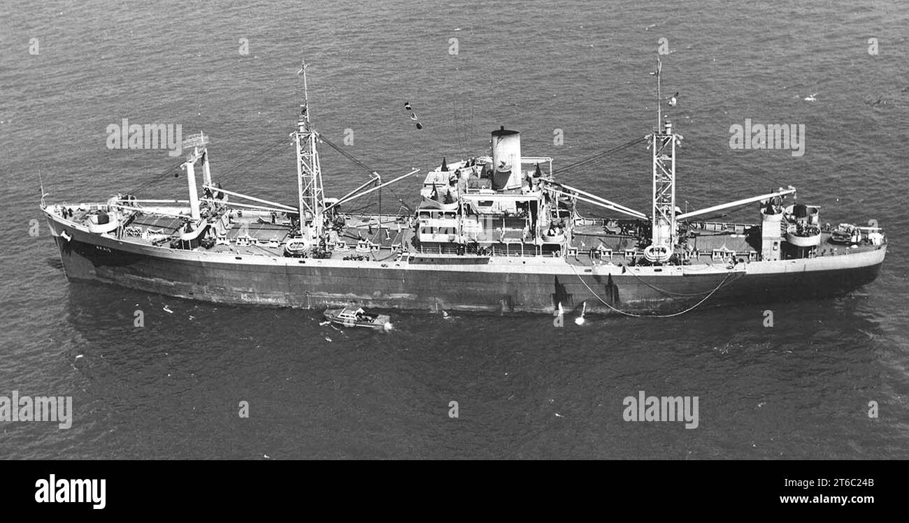 USS Andromeda (AKA-15) at anchor in New York harbor (USA), 8 April 1943 ...