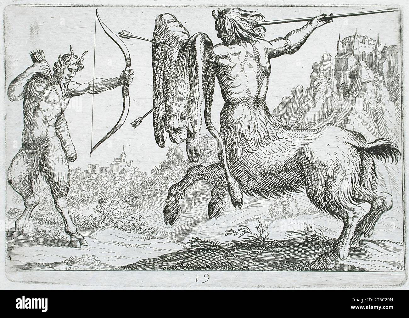 A Centaur Attacking a Satyr, 1610. From Battling Animals, pl. 19 Stock ...