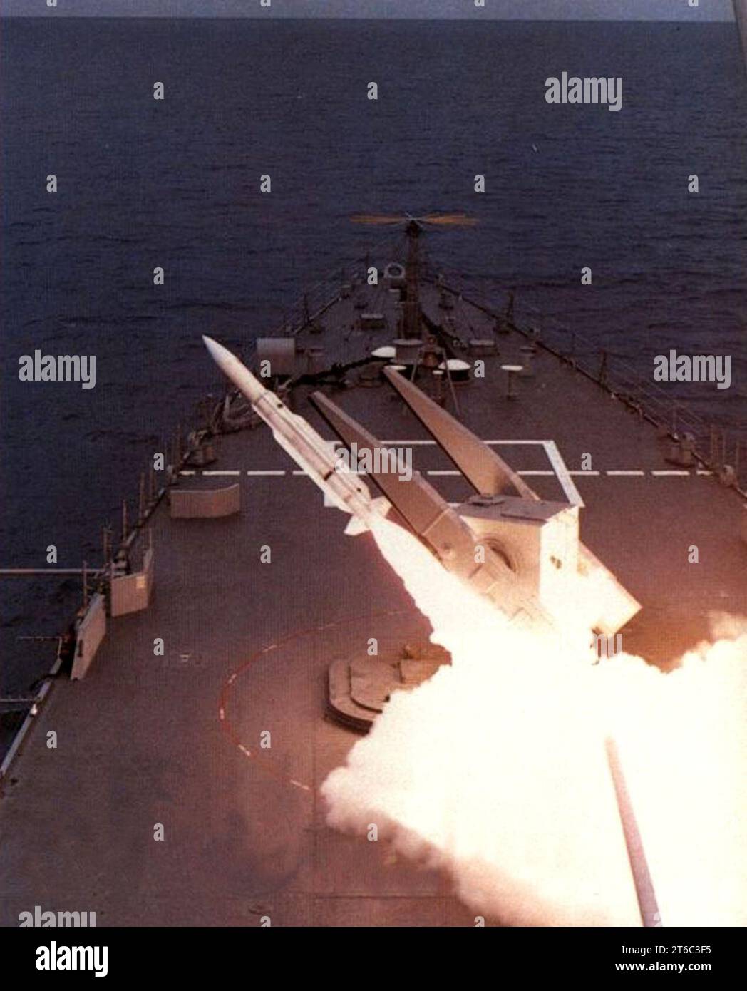 USS Arkansas (CGN-41) launches a RIM-66 Standard missile, circa in 1981 ...