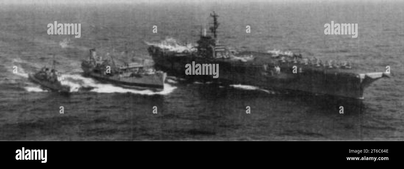 USS Aucilla (AO-56) refueling Forrestal (CVA-59) and Newman K. Perry ...