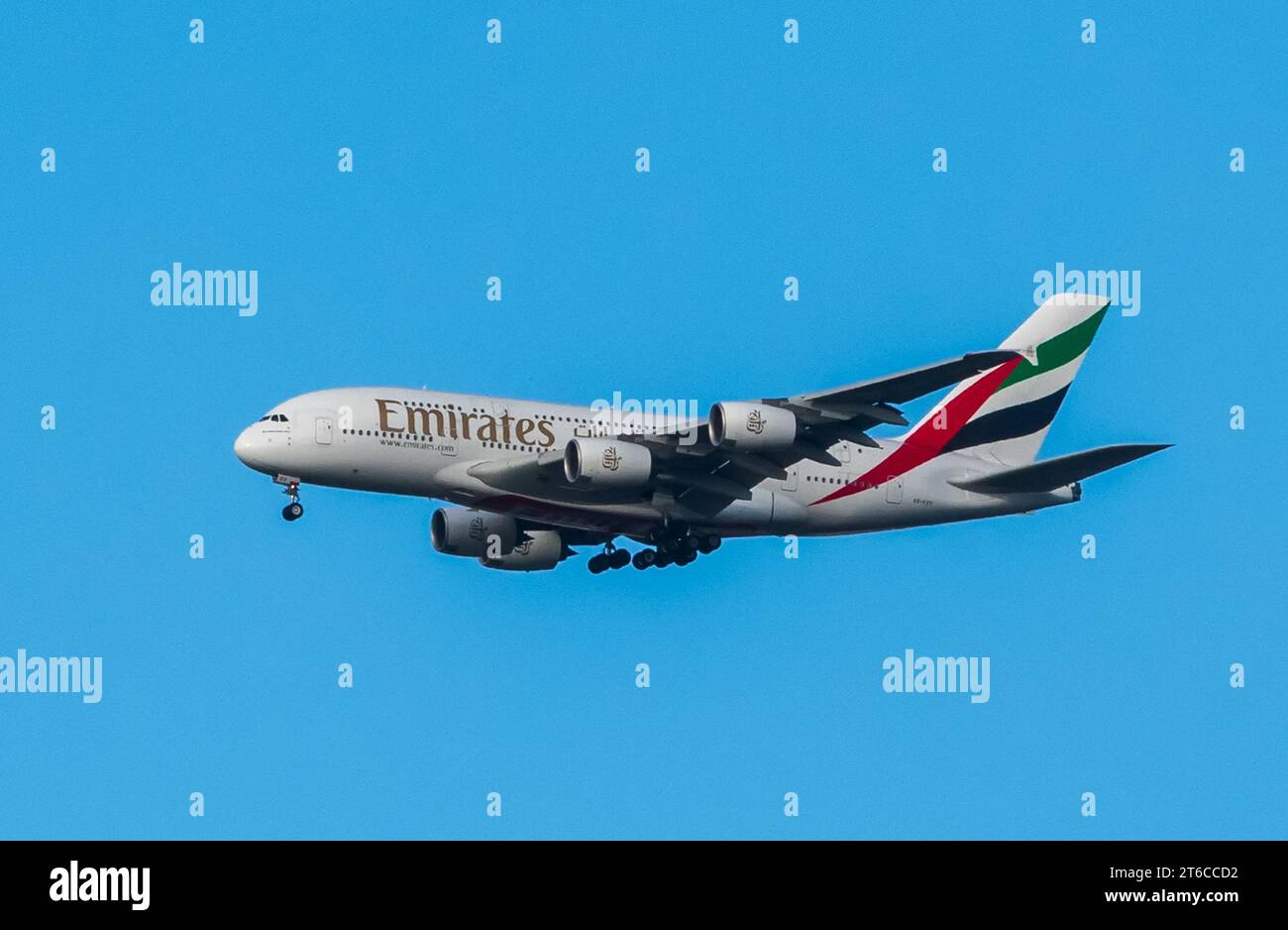 Emirates airlines Airbus A380 with wheels down coming into land against ...