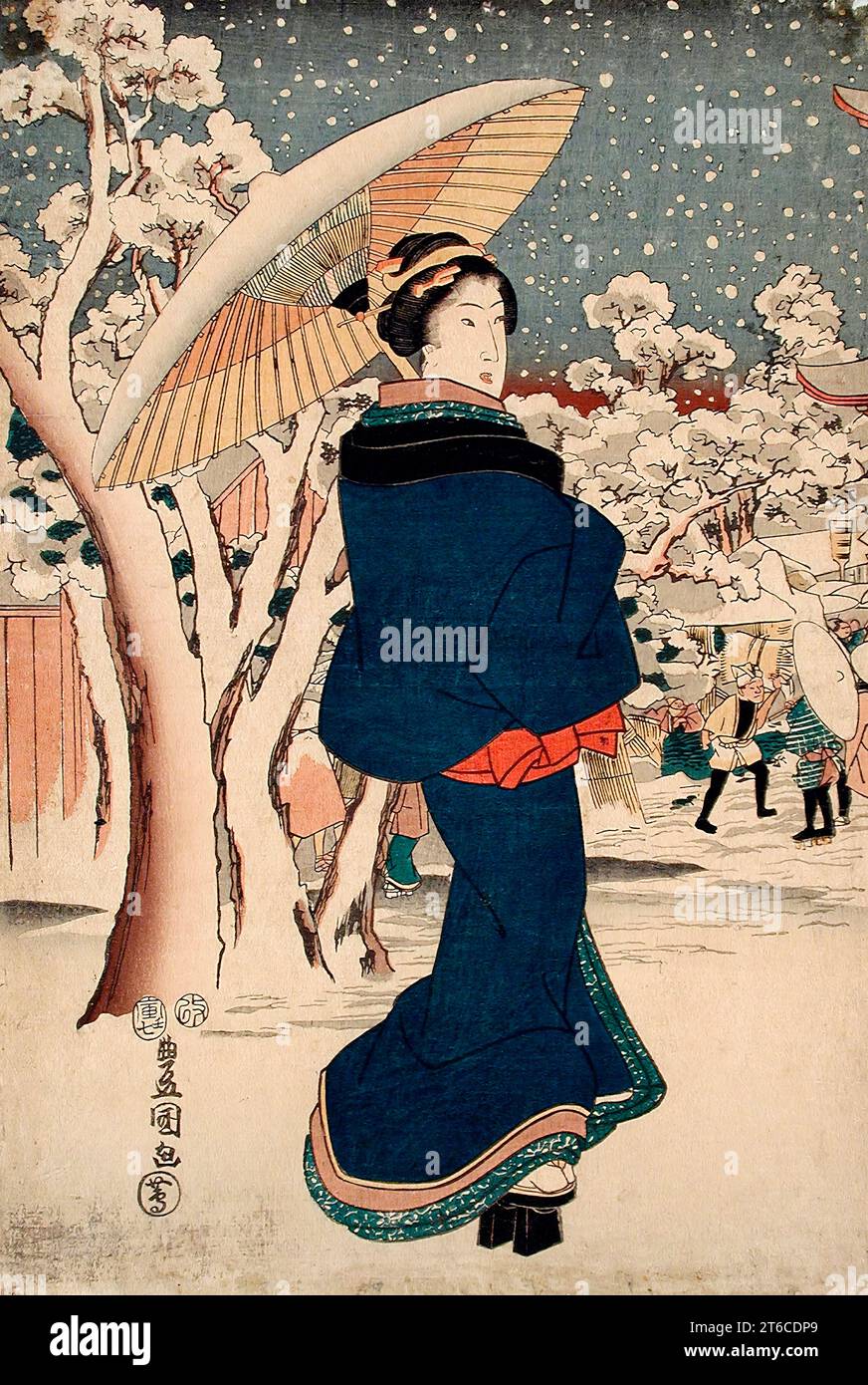 Beauty Walking on a Snowy Day, 1854. Left sheet of a triptych titled Edo meisho asakusa toshi no ...