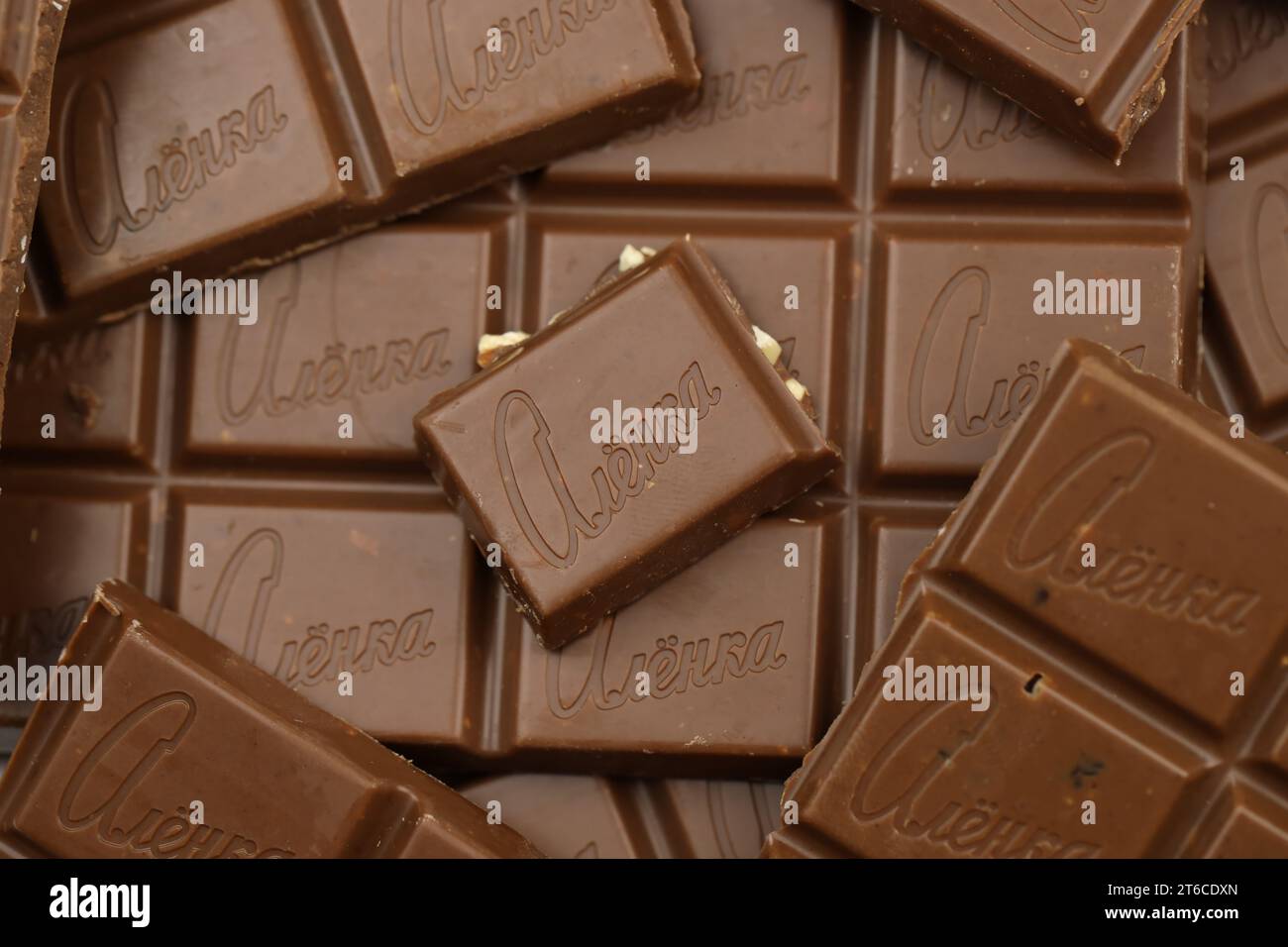 KHARKIV, UKRAINE - JANUARY 27, 2021 Alyonka chocolate square bars ...