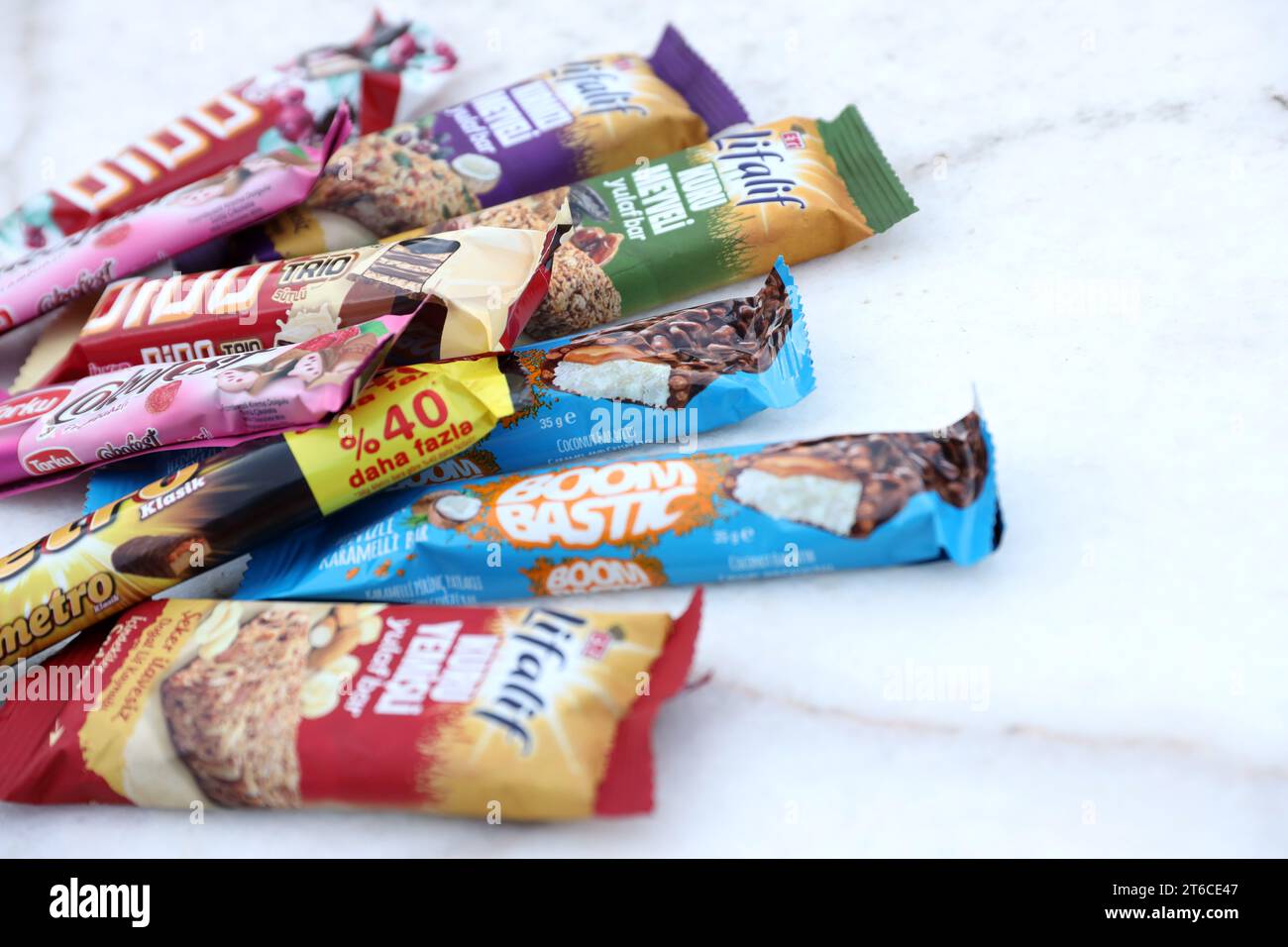 ANTALYA, TURKEY - MAY 18, 2021 Many tasty chocolate bars of various ...