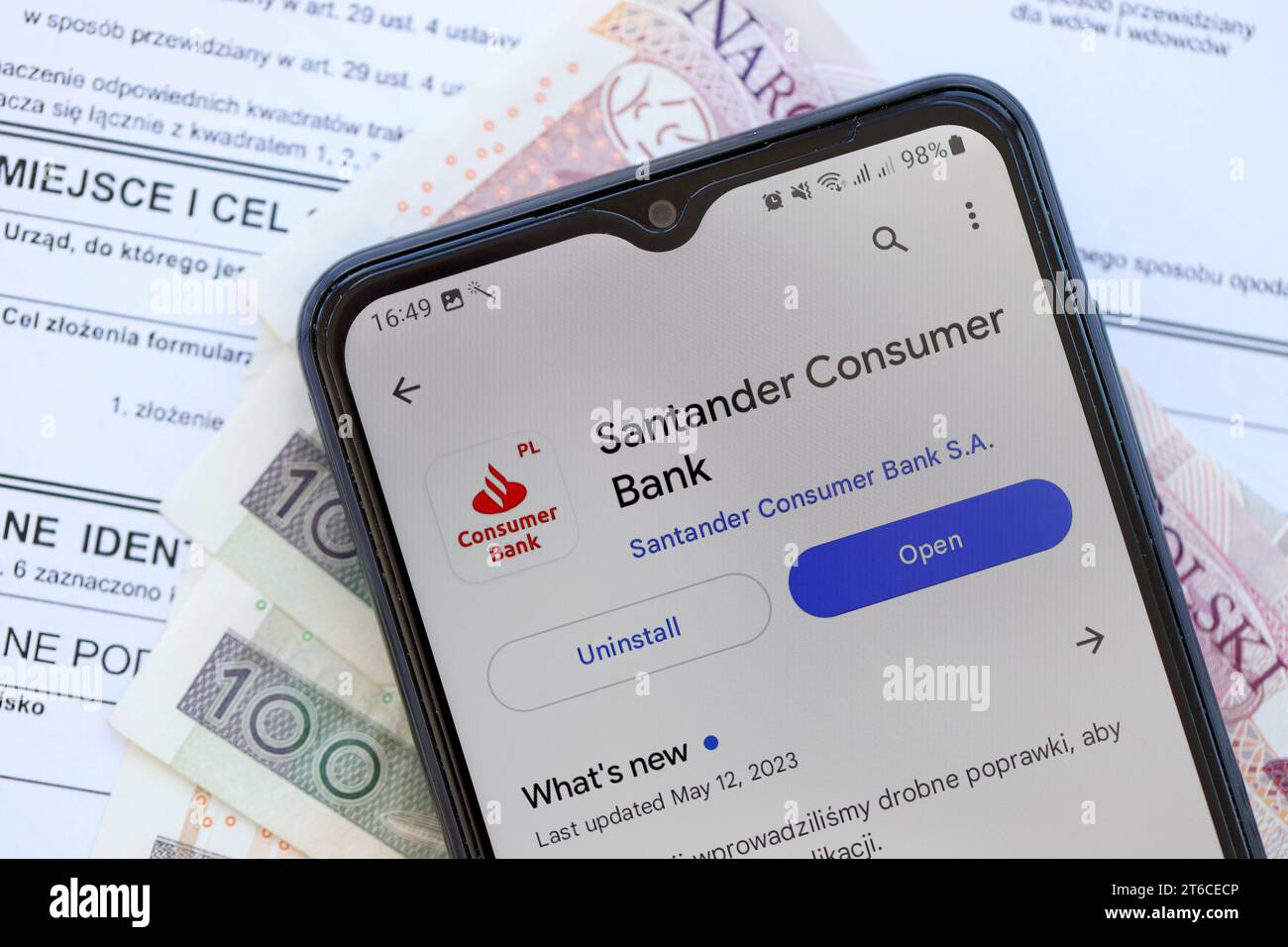 TERNOPIL, UKRAINE - AUGUST 3, 2023 Santander bank application on screen ...