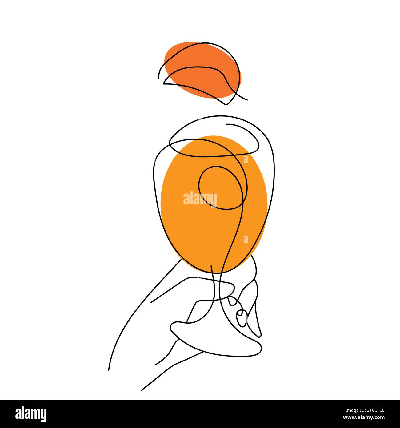 Hand holds a glass with a drink. Continuous one line drawing. Orange ...