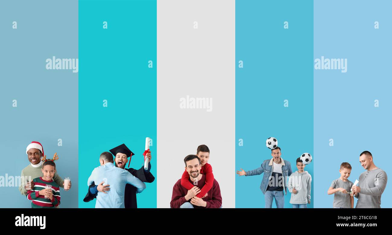 Collage of fathers with their sons on color background Stock Photo - Alamy