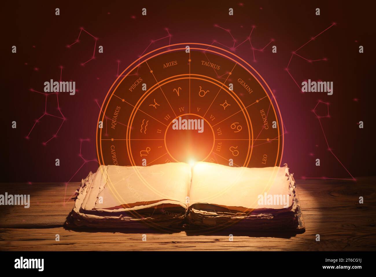 Open old astrology book on table against dark background Stock Photo ...