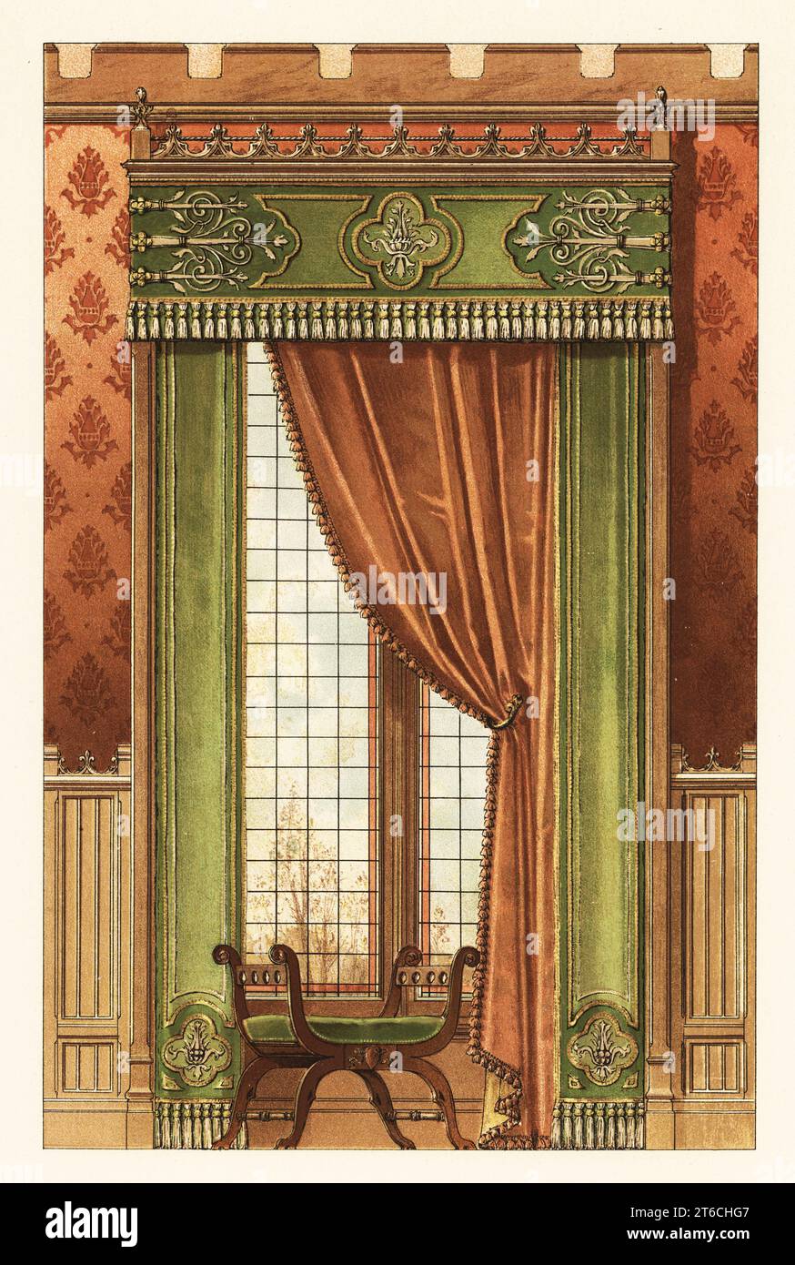 Gothic-style wall hanging, circa 1900. Carved wooden pelmet, velvet ...