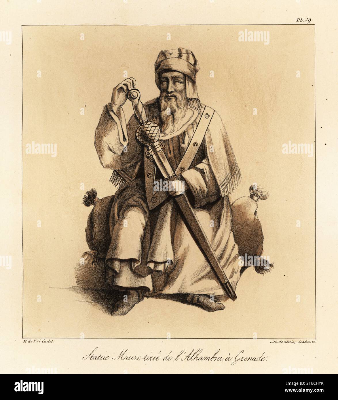 Moor or Arab man in robes with sword from a gilt ceiling fresco of ...