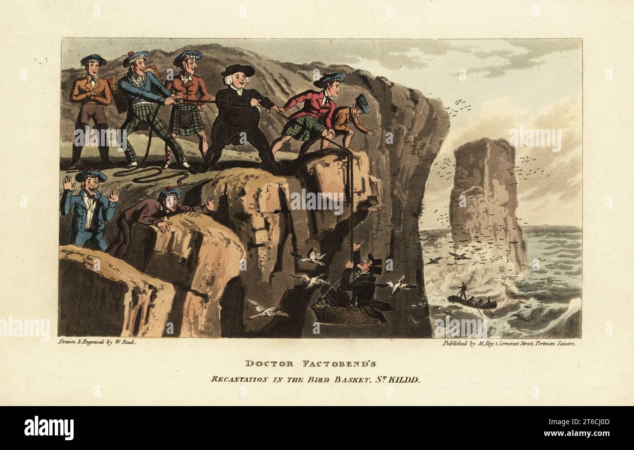 English tourist riding in a bird basket in a gannet or guga hunt on the ...