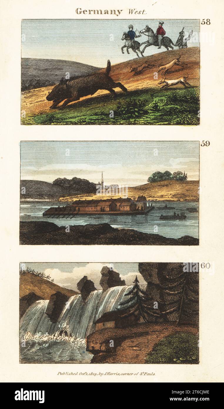 Historical views of Germany. Germans hunting wild boar on horseback ...