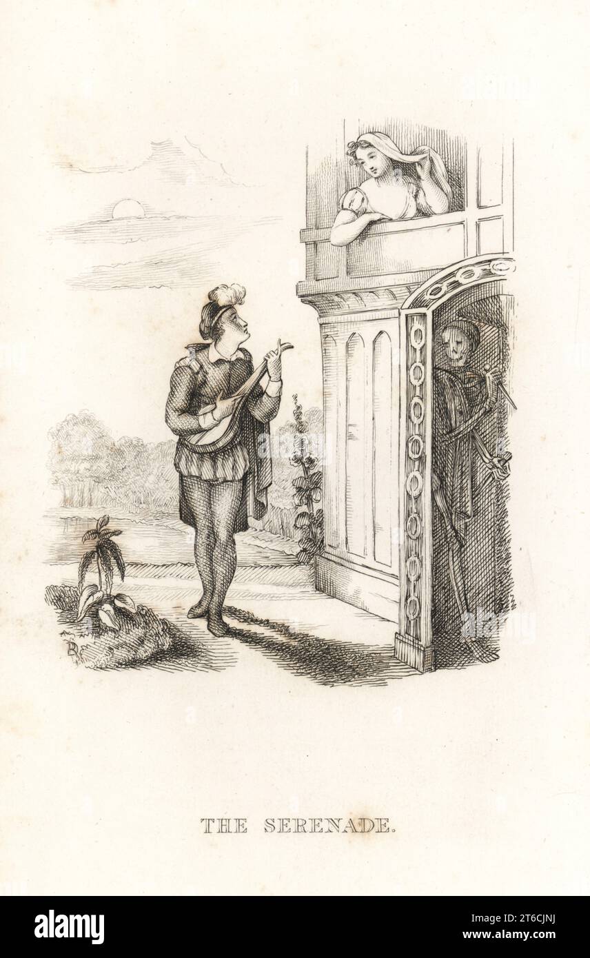 The skeleton of Death and a minstrel. The troubadour plays a lute and ...