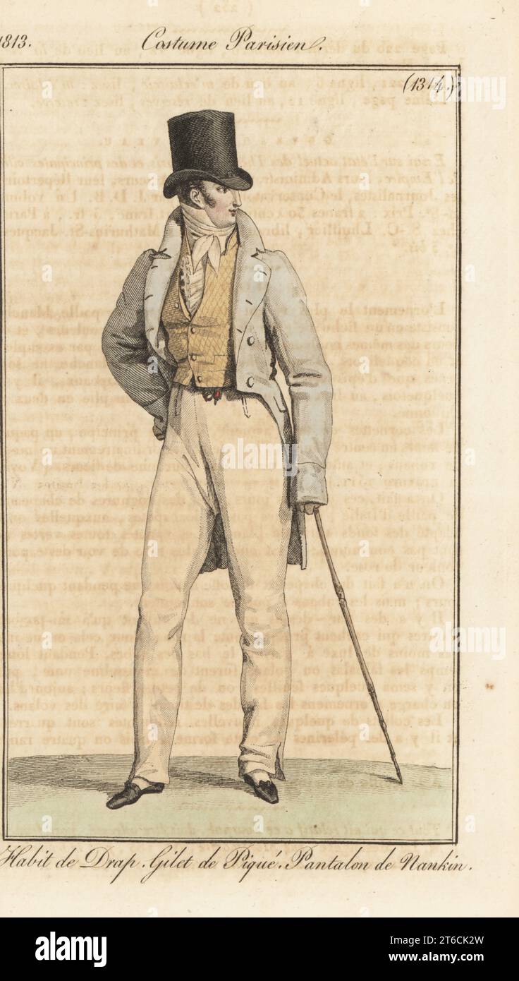 French gentleman in top hat, wool tailcoat, twill-cotton waistcoat and ...