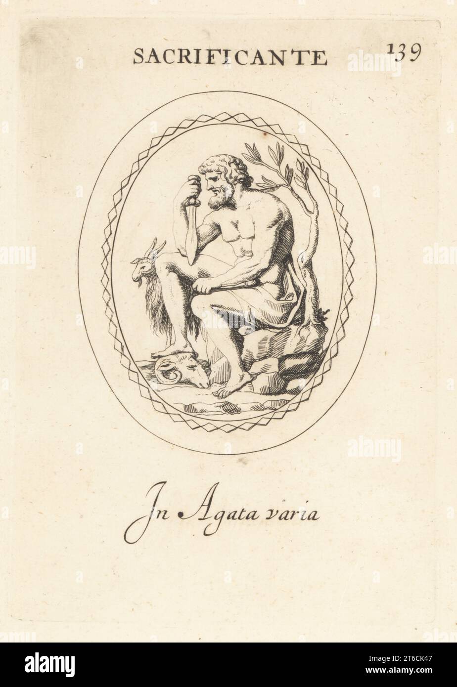 Rustic man with knife making a sacrifice to rural gods. With goat and ...