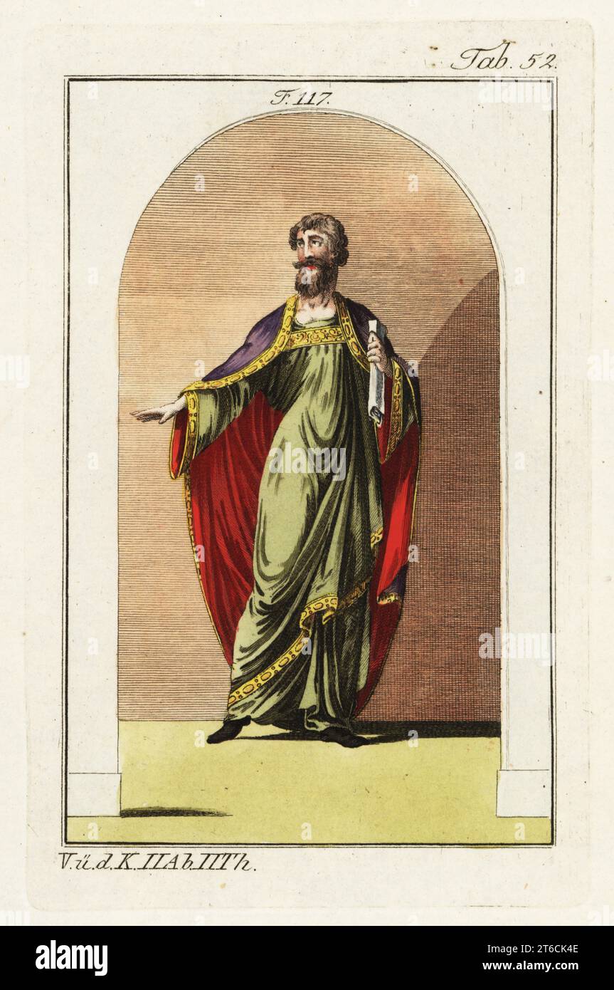 Norman noble in long tunic and purple mantle with gold embroidered ...