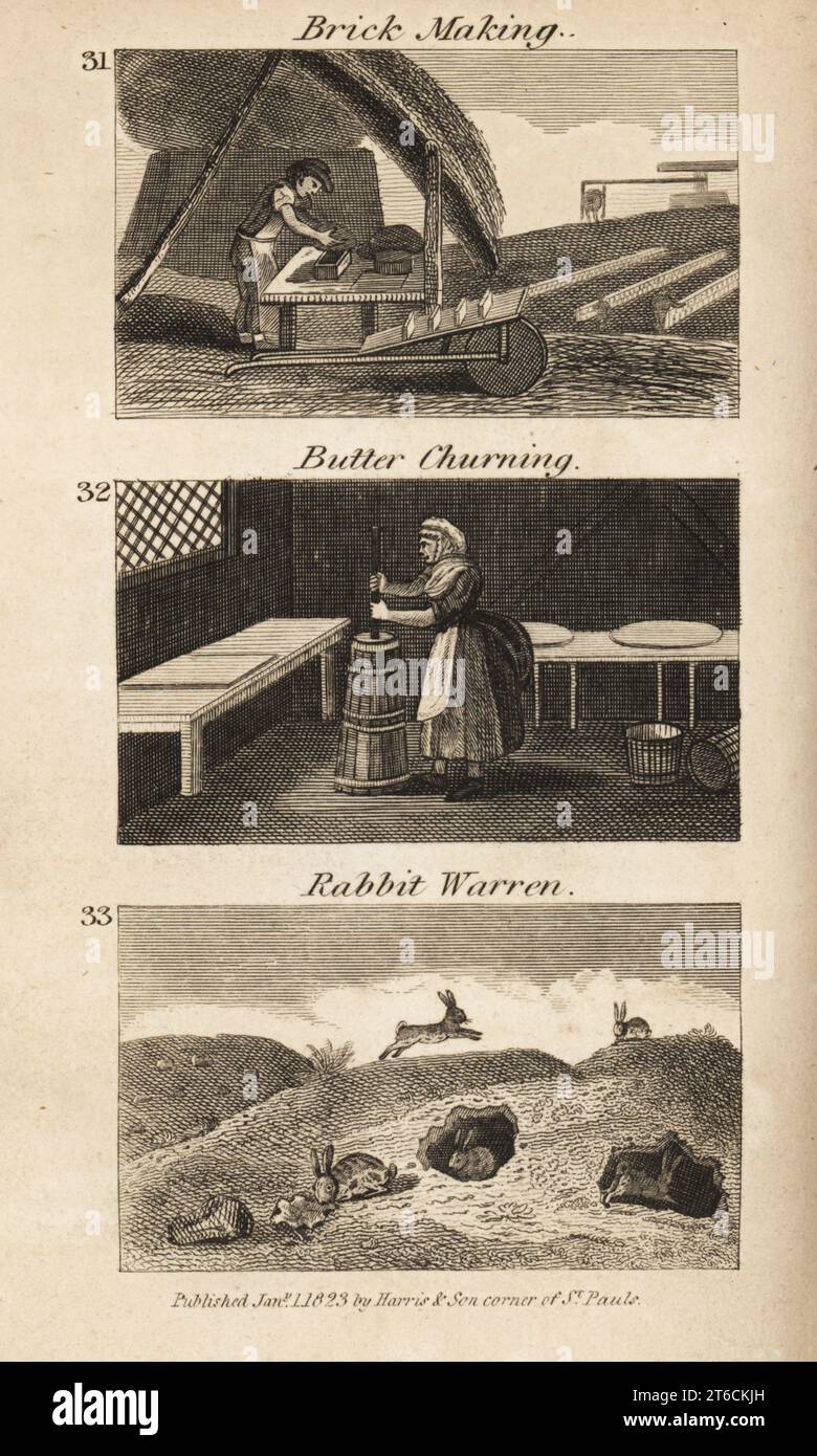 Trades in Regency England. Brick making, butter churning and rabbit ...