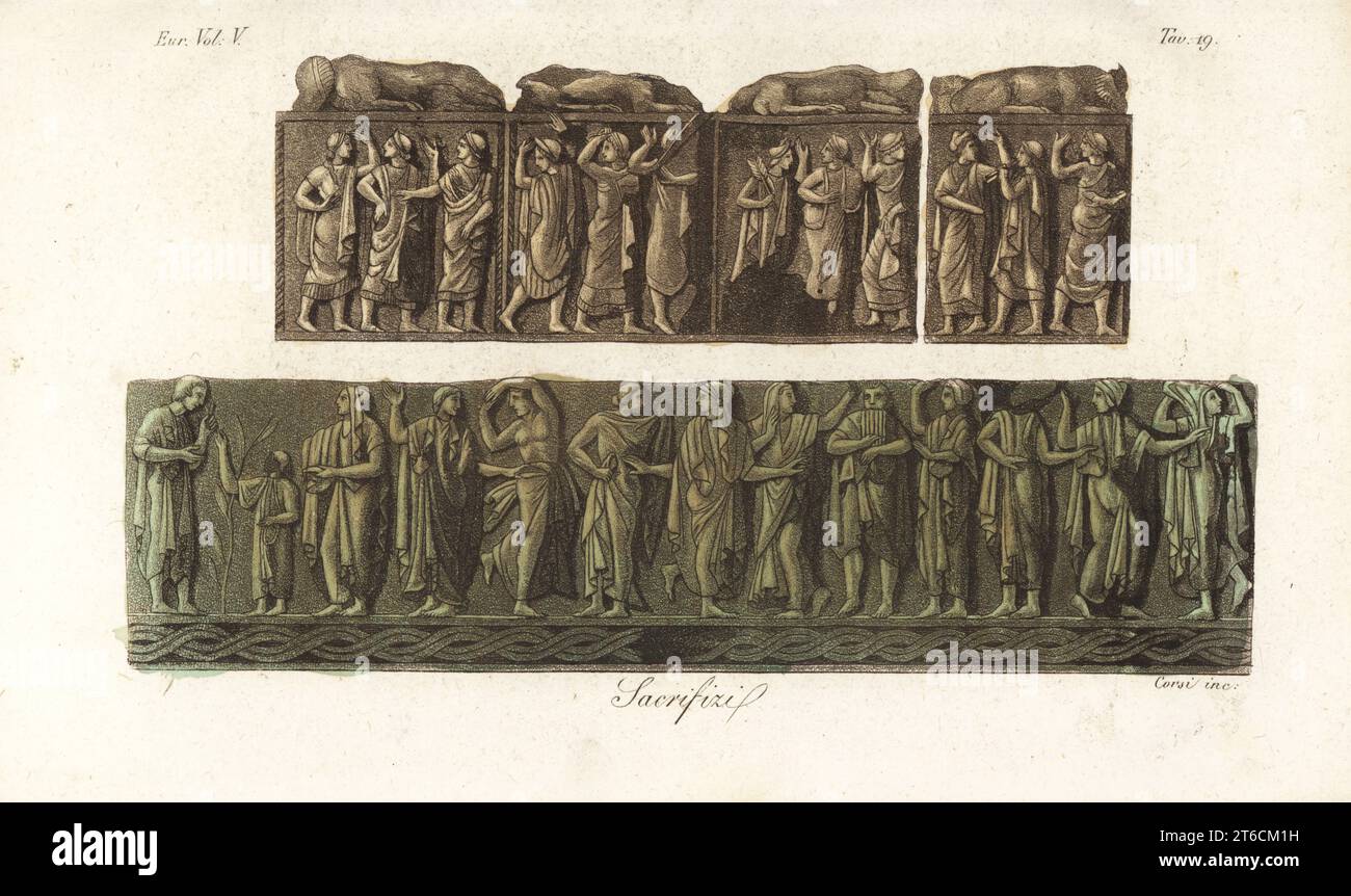 Etruscsan animal sacrificial rites. Carcasses of animals are pictured ...