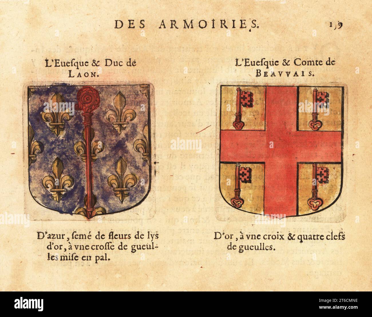 Coats of arms of the Bishop-Duke of Laon, France, with gold cross on ...