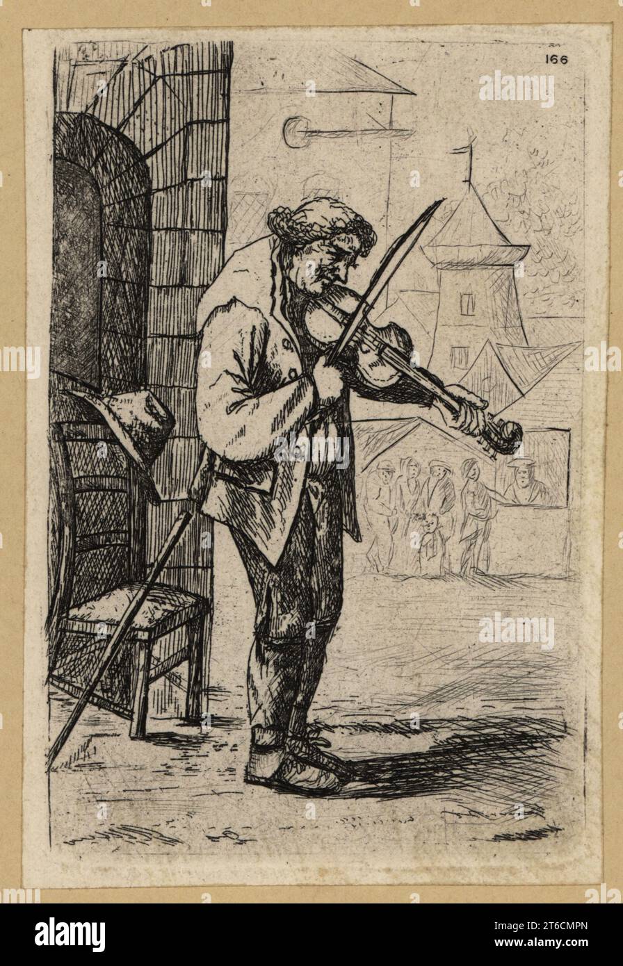 Fiddler playing on a street corner, with hat and staff on a chair, 18th ...