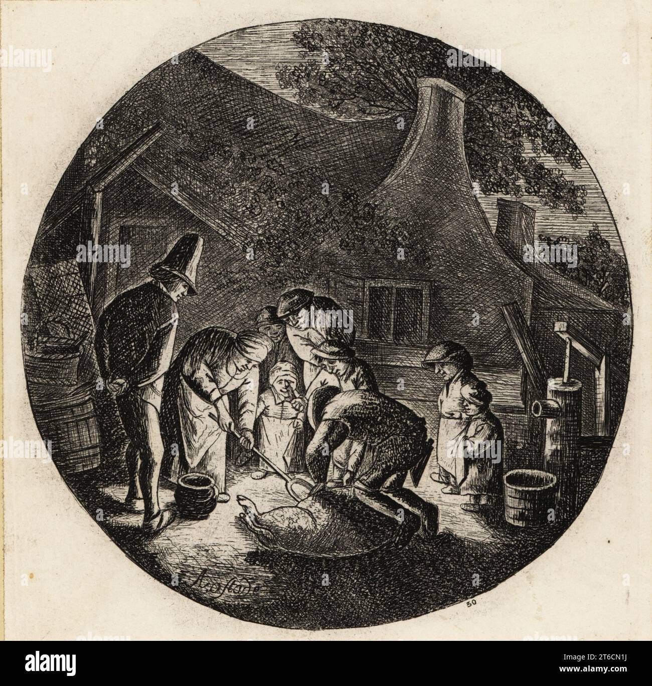 Dutch peasants butchering a pig by candlelight, 17th century. A group ...