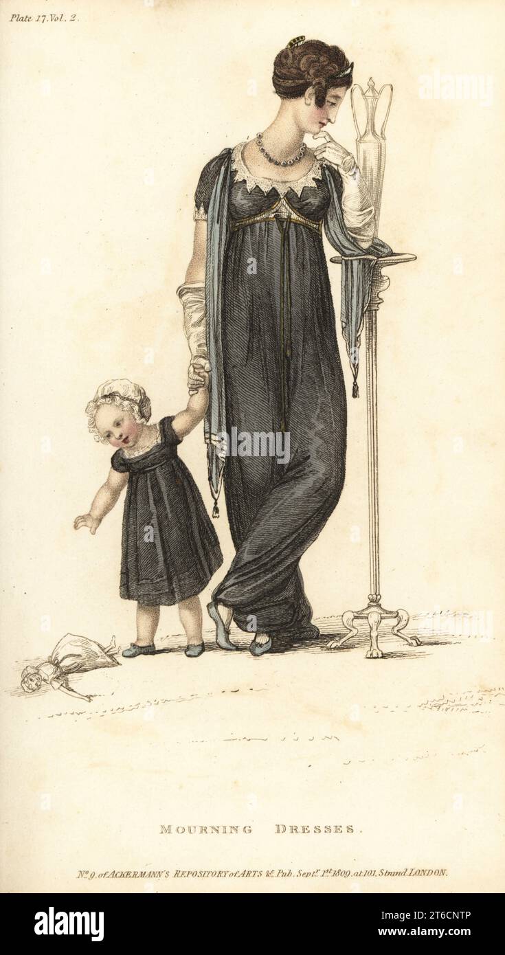 Regency woman and child in mourning dress. Dress of black gossamer net ...