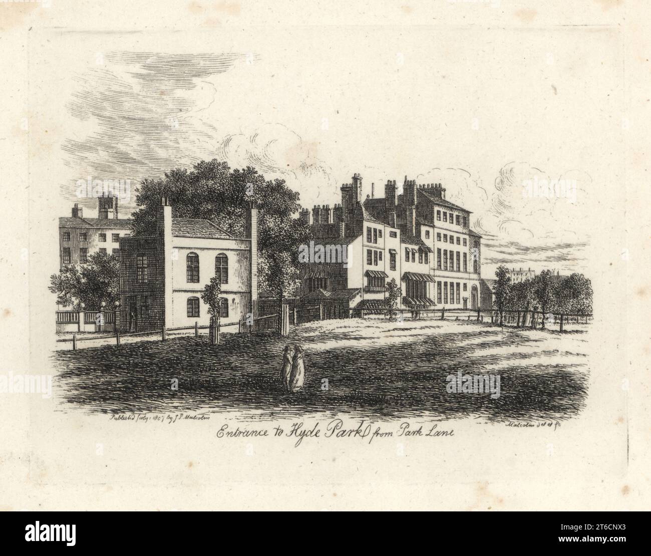 The entrance to Hyde Park from Park Lane, 1807. Copperplate drawn and ...