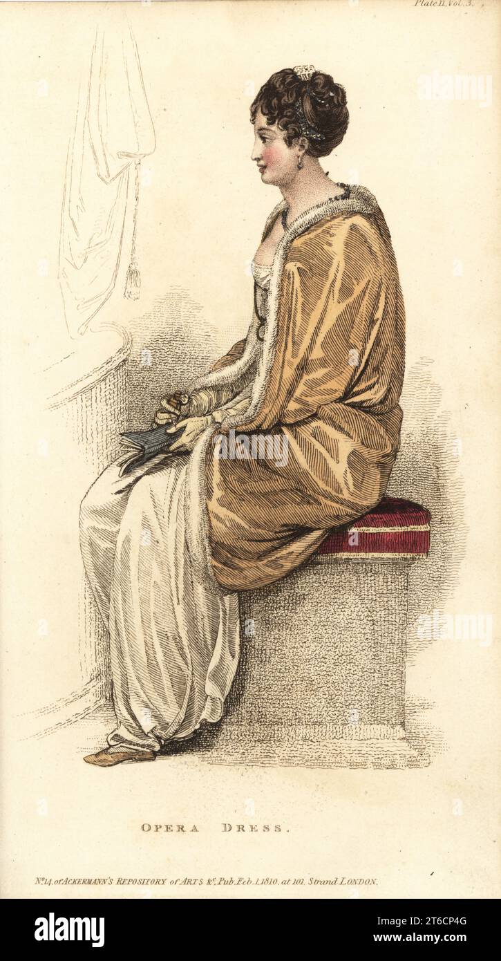 Regency woman in opera dress seated in a theatre balcony. Round robe of ...