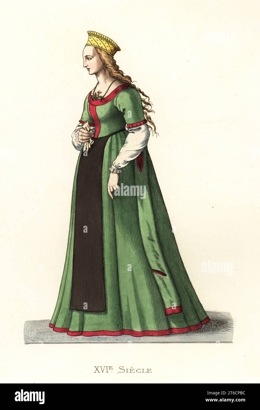 Noble young woman of Danzig, Poland, 16th century. In gold crown, green ...
