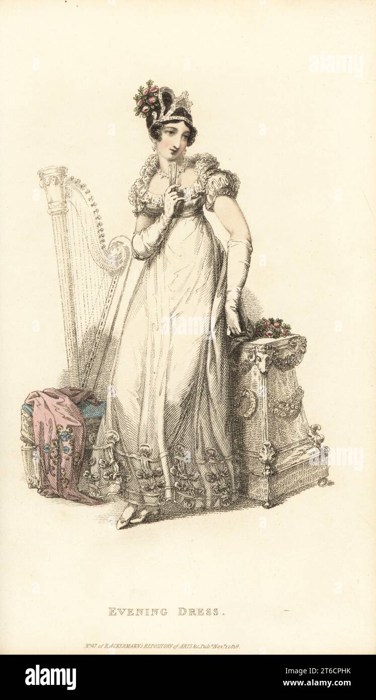 Regency lady in evening dress for a private concert standing next to a ...