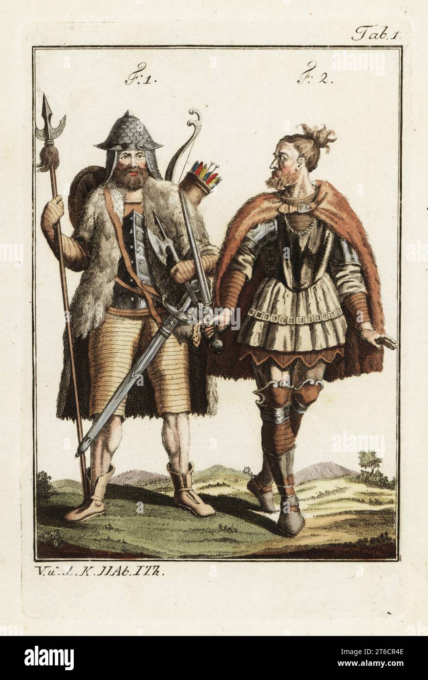 Goth and Suebi warriors. Goth in helmet, breastplate, animal skin coat ...